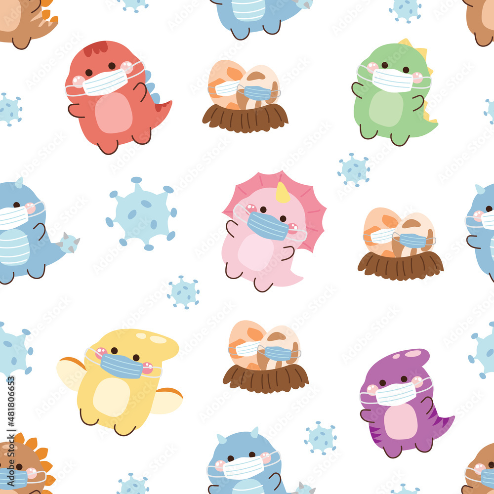 Seamless pattern of cute dinosaur wear mask protect from virus on white ...