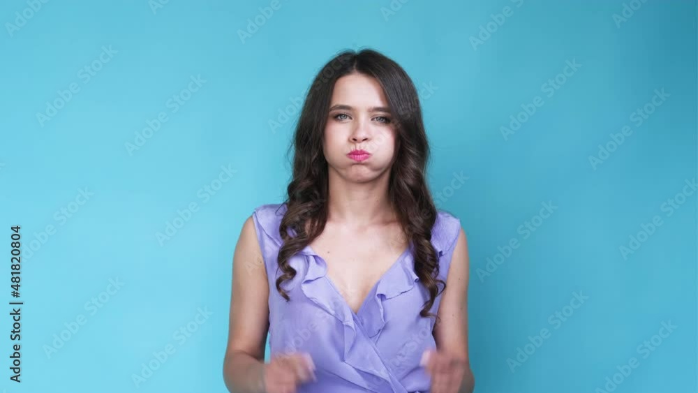 Puffed woman. Meme expression. Funny joy. Boring pretty lady inflating ...