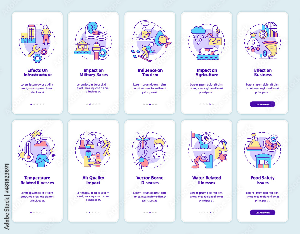 Climate change onboarding mobile app screen set. Global warming ...