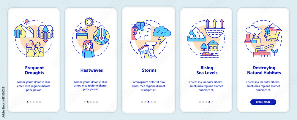 Effects of climate change onboarding mobile app screen. Walkthrough 5 ...