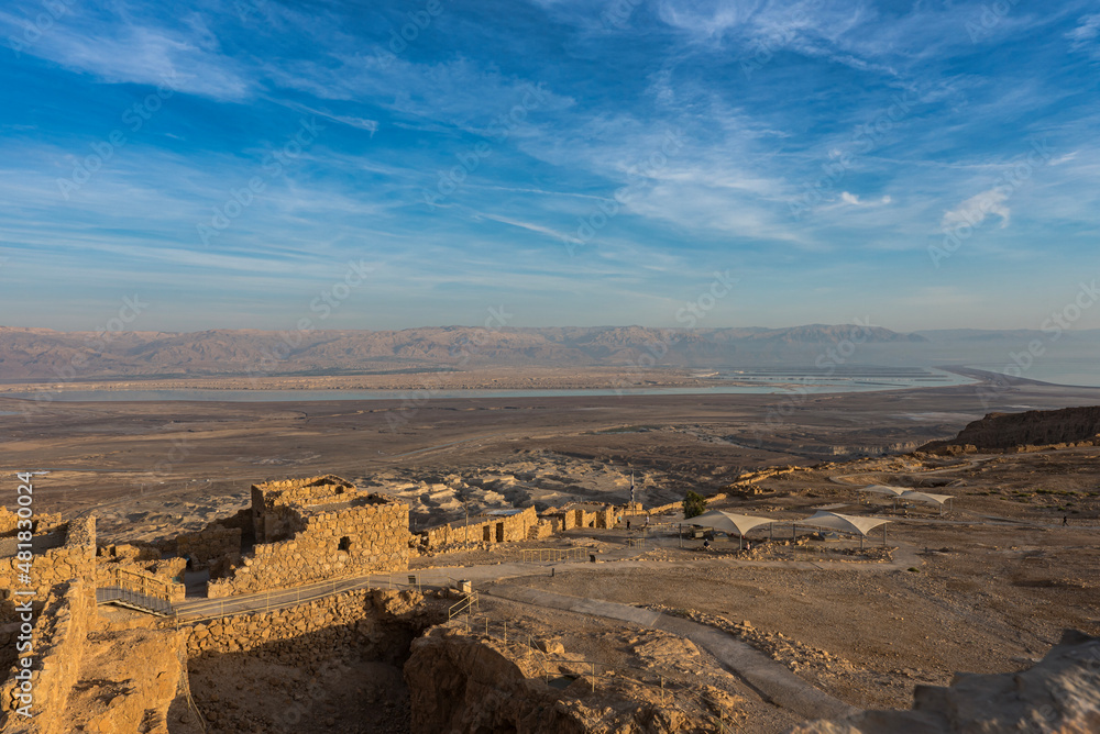 Top view of the Masada ruins in Israel with the Dead sea on the ...