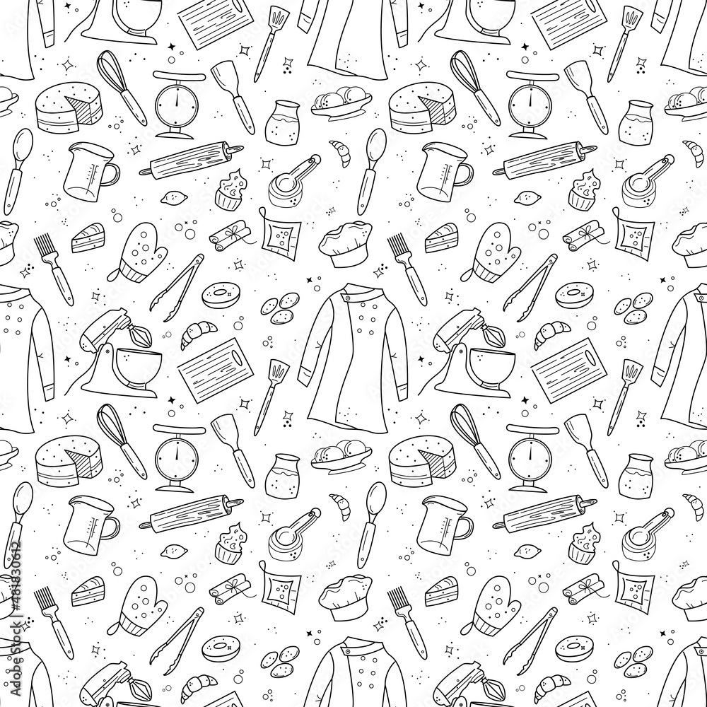 Seamless pattern with doodle baking and cooking elements. Chef uniform ...