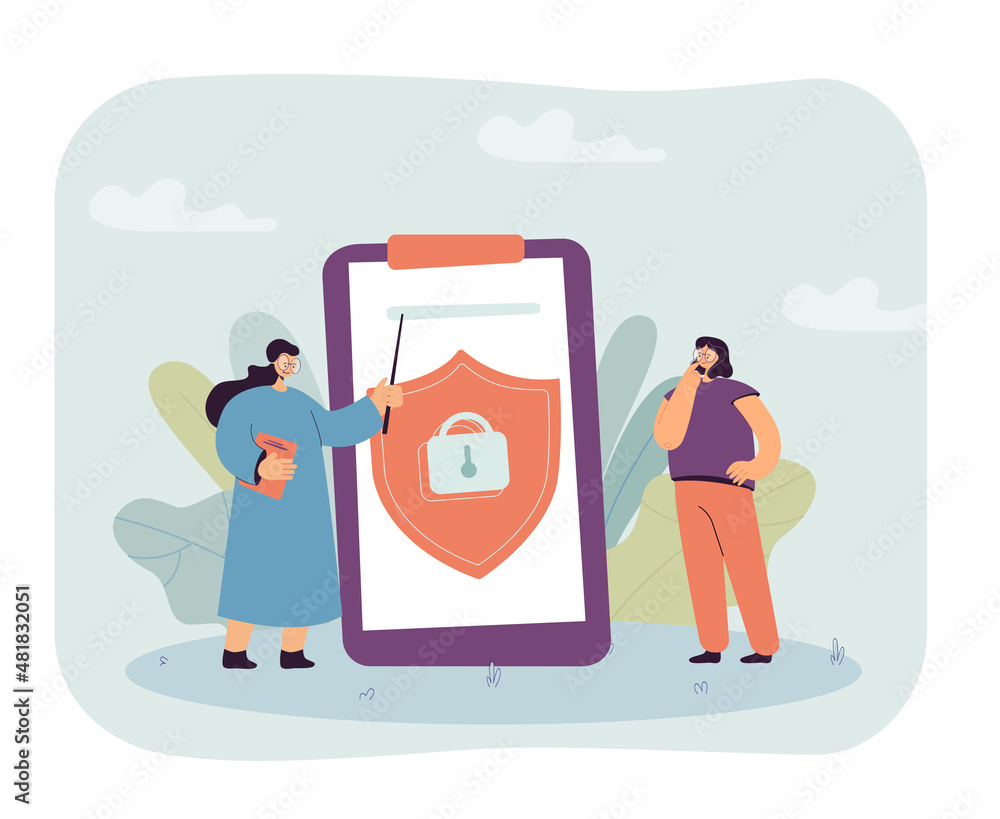 Teacher showing tablet with lock using pointer to thoughtful student ...