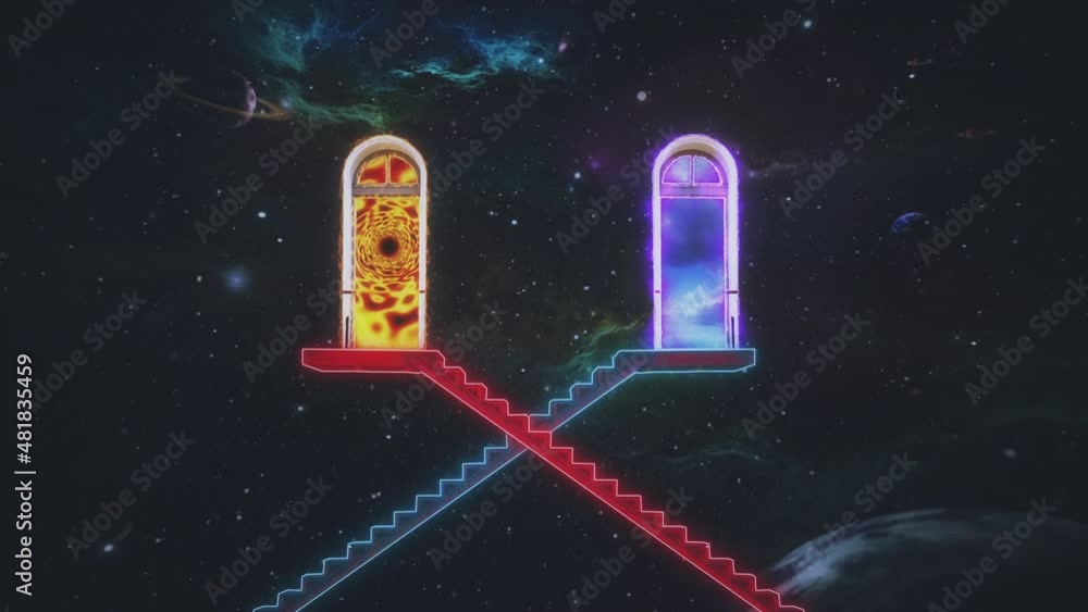 Heaven And Hell Gates On Crossed Stairways In Deep Space. Spiritual ...