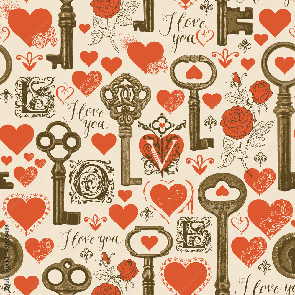 Seamless pattern on the love theme with initial letters L O V E, red ...