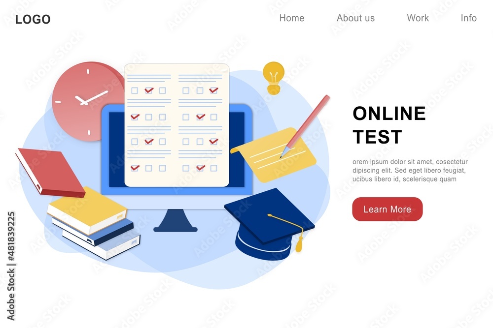 3D isometric landing page template of online examination on computer ...