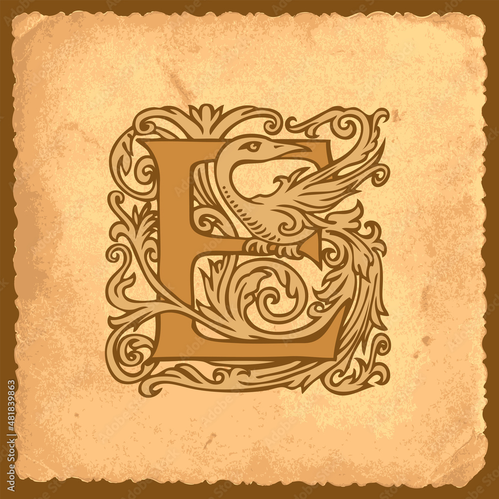Beautiful initial letter A with Baroque ornamentation on an old paper ...