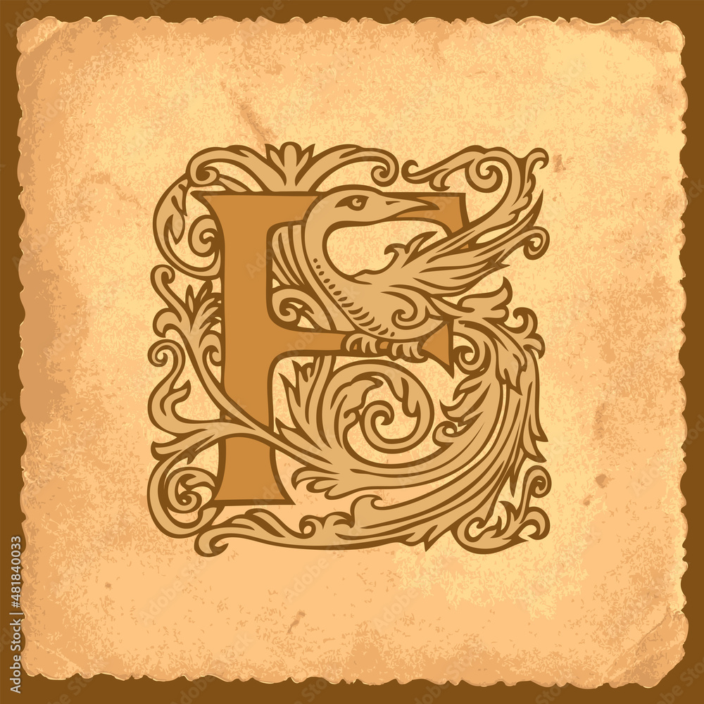 Beautiful initial letter F with Baroque decorations on an old paper ...