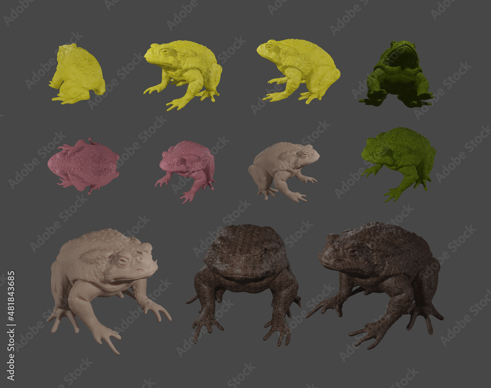 set of 3d forg model with differnet texutes and rendered from different ...