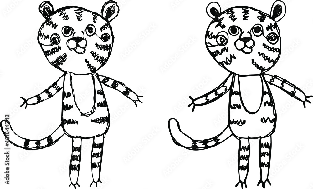 Hand drawn one line tiger with two views in vector. Picture in the ...