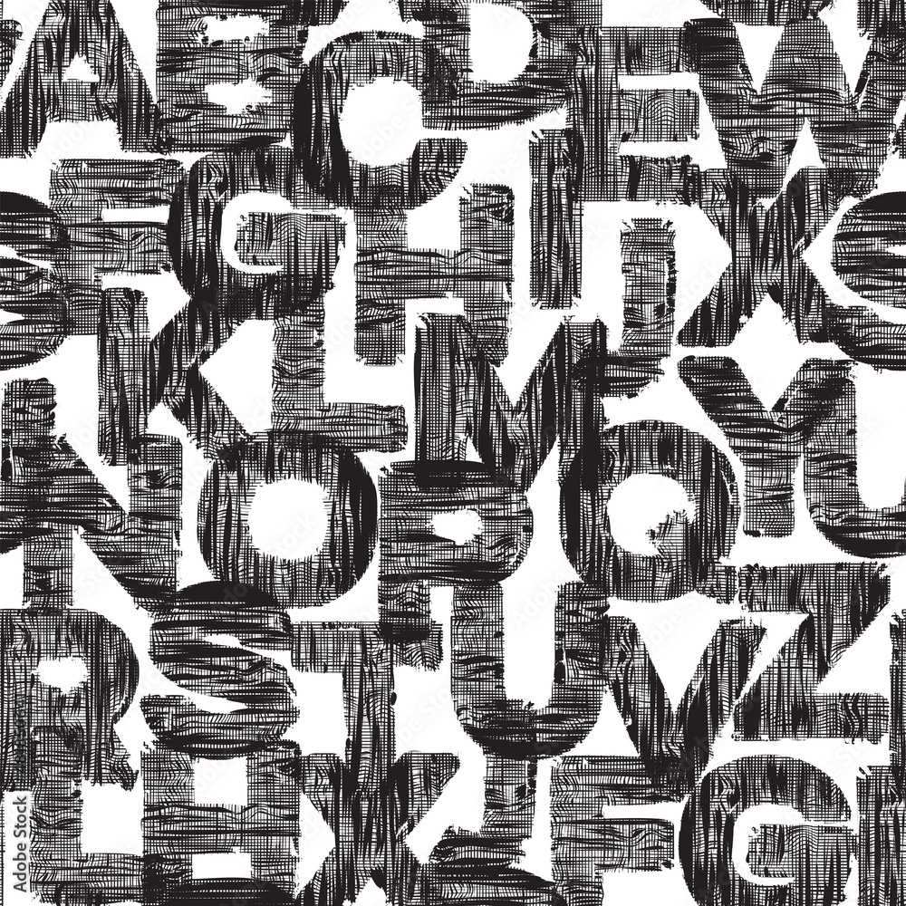Black and white seamless pattern of English letters with a textile ...