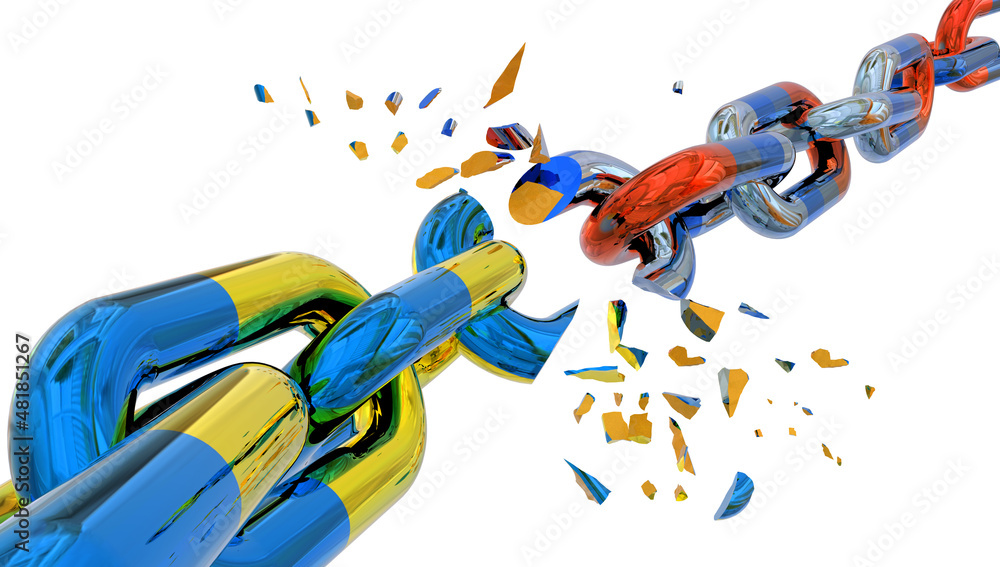 ukraine vs russia chain with flag on it break breaking isolated in ...