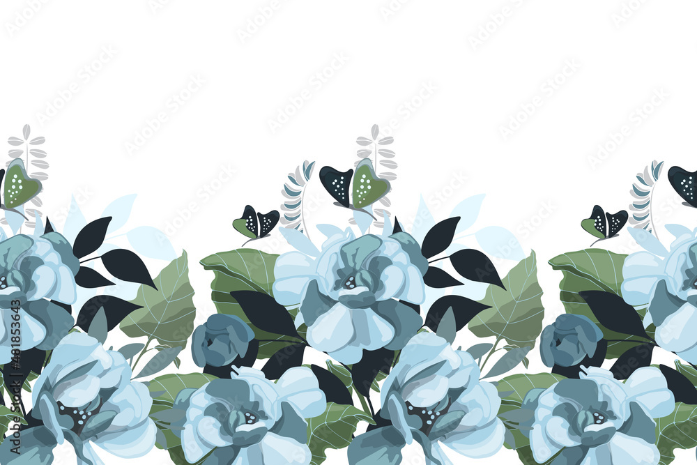 Vector floral seamless pattern, border. Horizontal panoramic design ...