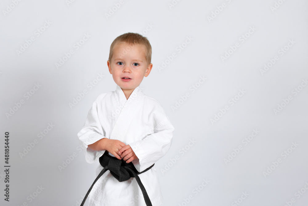 Little baby boy in karate kimono isolated on white background. The ...