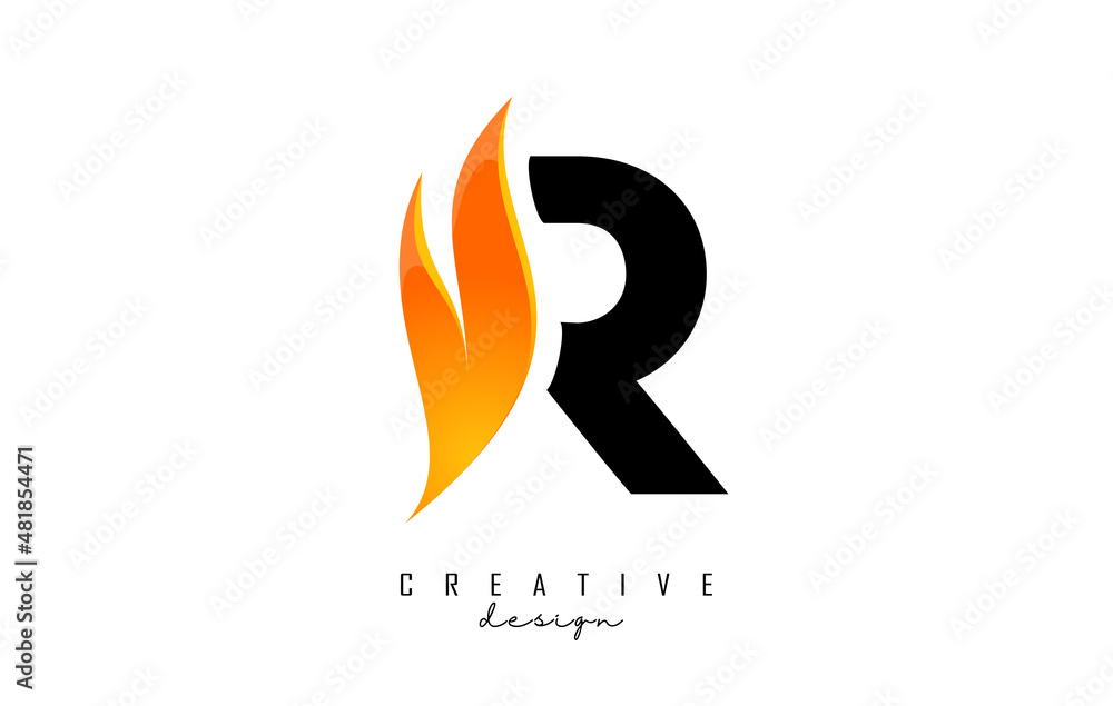 Vector illustration of abstract letter R with fire flames and Orange ...