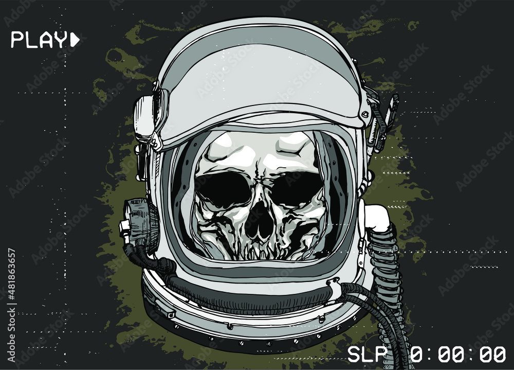 Hand drawn illustration of dead astronaut with space helmet and skull ...