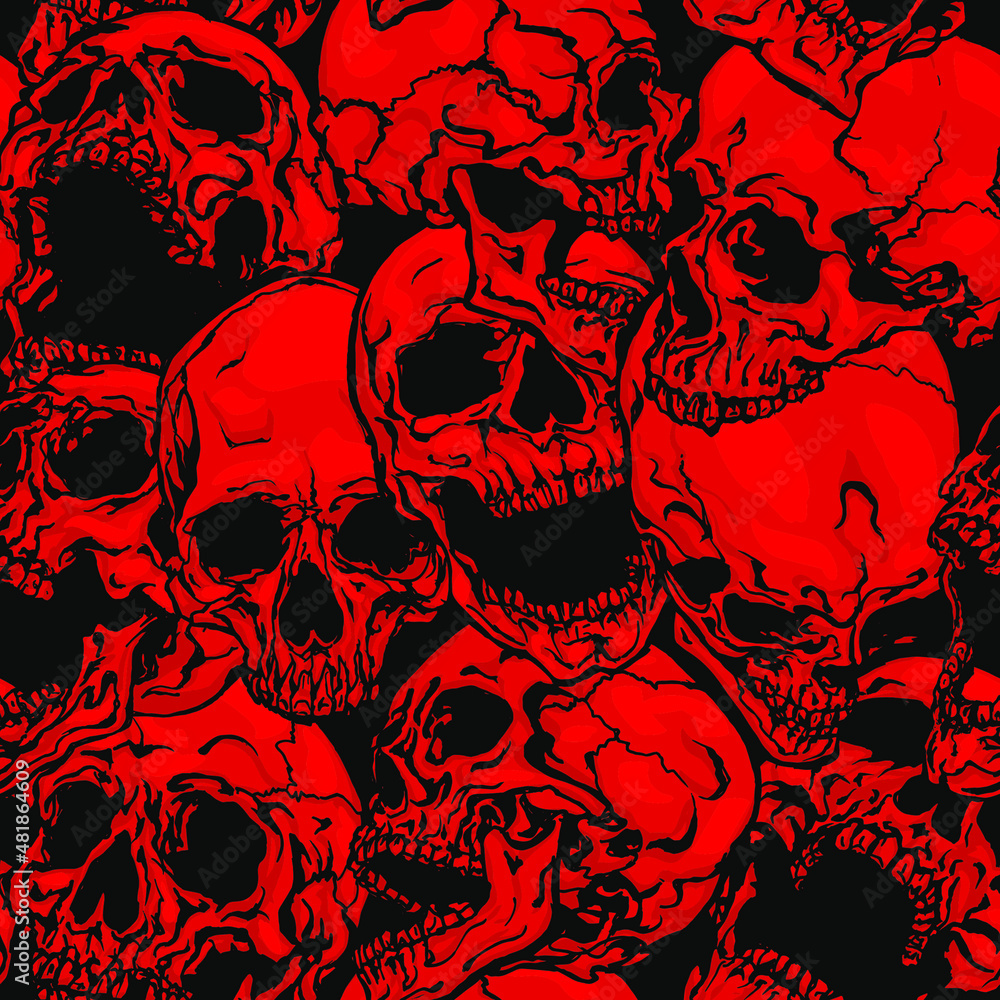 Red skulls vector seamless pattern. Hand drawn vector illustration in ...