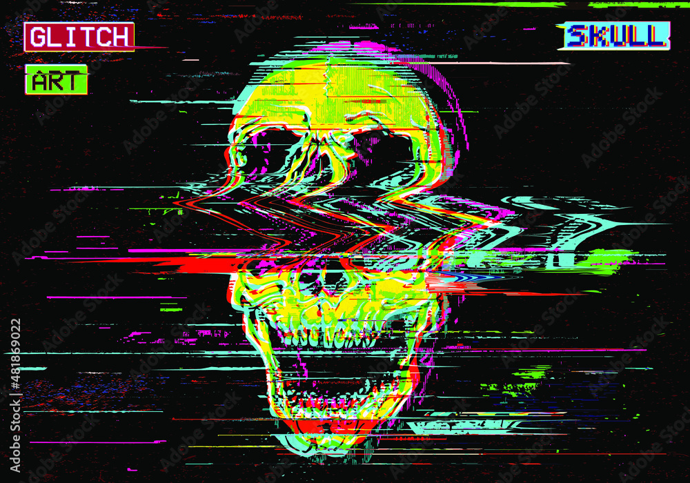 Vector GLITCH ART screaming skull illustration in the style of old TV ...