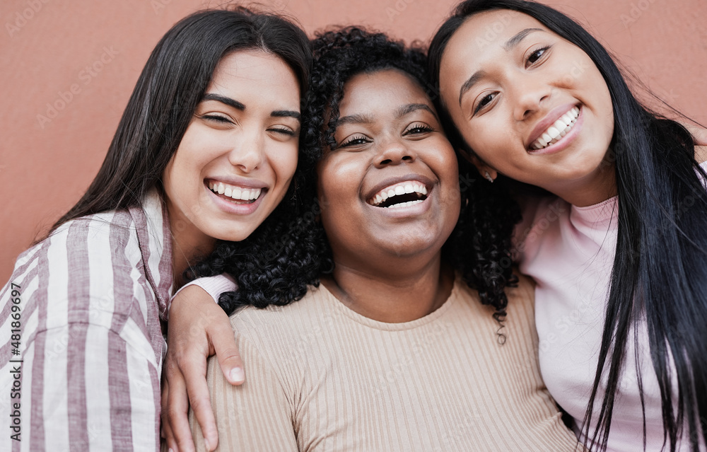Happy multiracial girls smiling on camera - Friendship and diversity ...