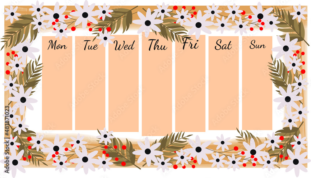 Leaflet for notes. Days of the week. Frame with flowers. Stock Vector ...