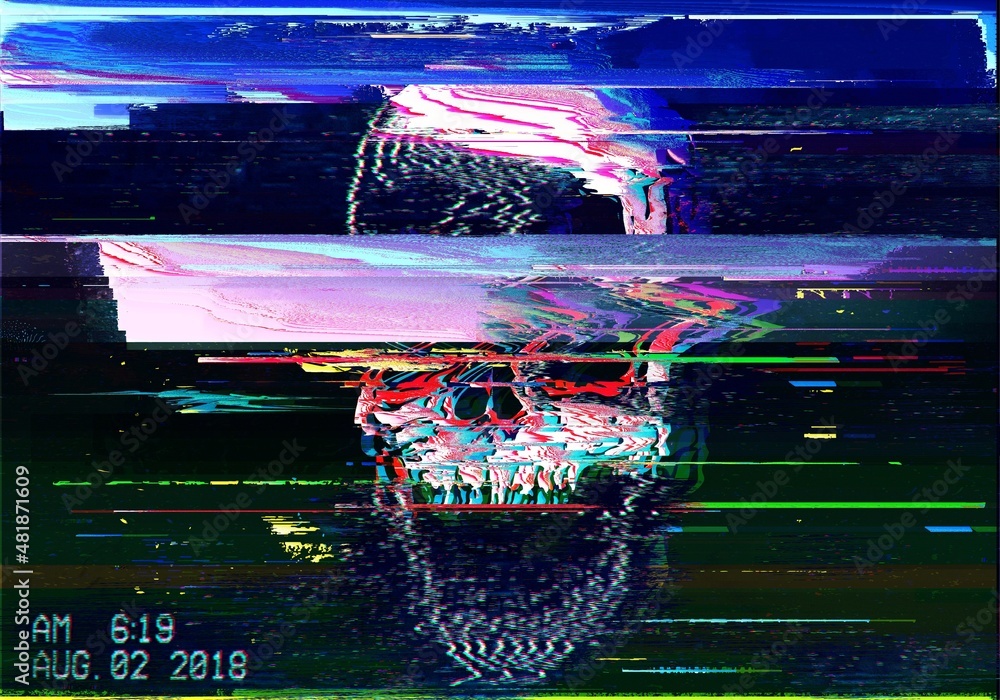 Digital GLITCH ART screaming skull illustration in the style of old TV ...