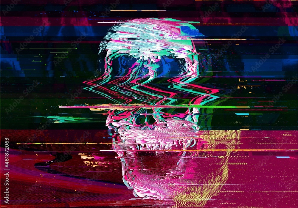 Digital GLITCH ART screaming skull illustration in the style of old TV ...