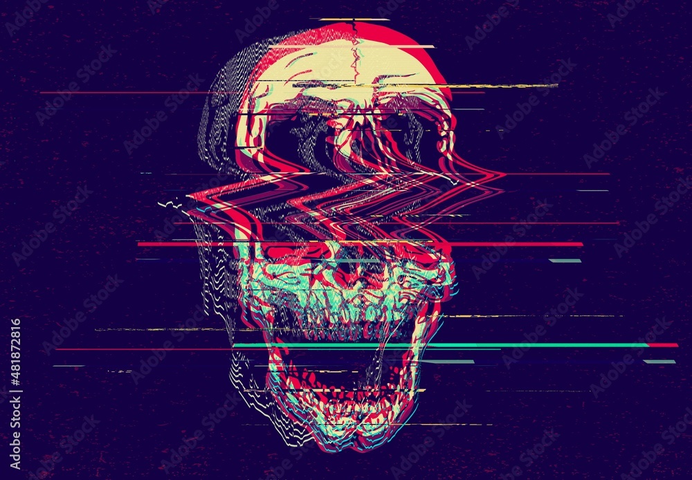 Digital GLITCH ART screaming skull illustration in the style of old TV ...