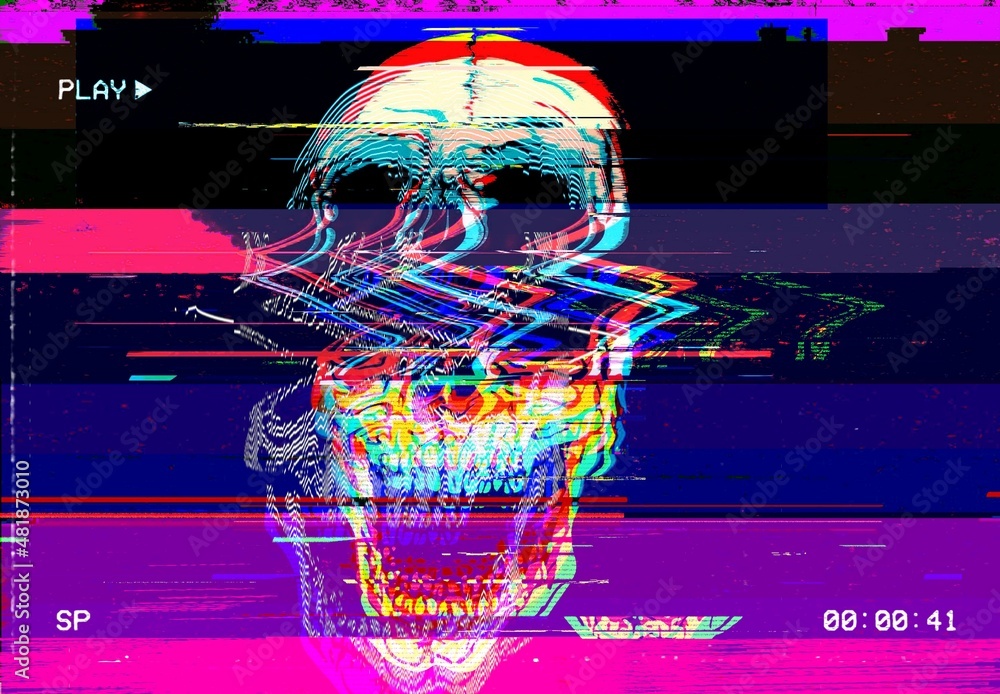 Digital GLITCH ART screaming skull illustration in the style of old TV ...