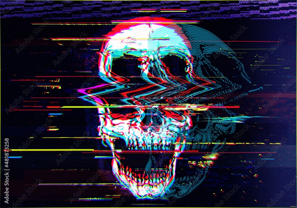 Digital GLITCH ART screaming skull illustration in the style of old TV ...
