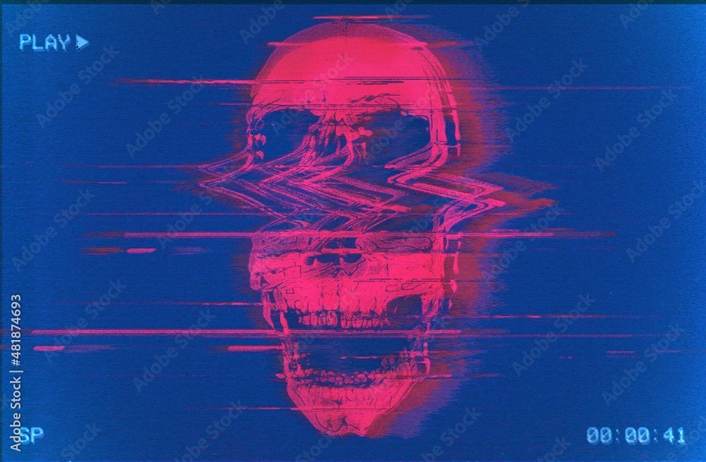 Poster Digital vaporwave GLITCH ART screaming skull illustration in the ...
