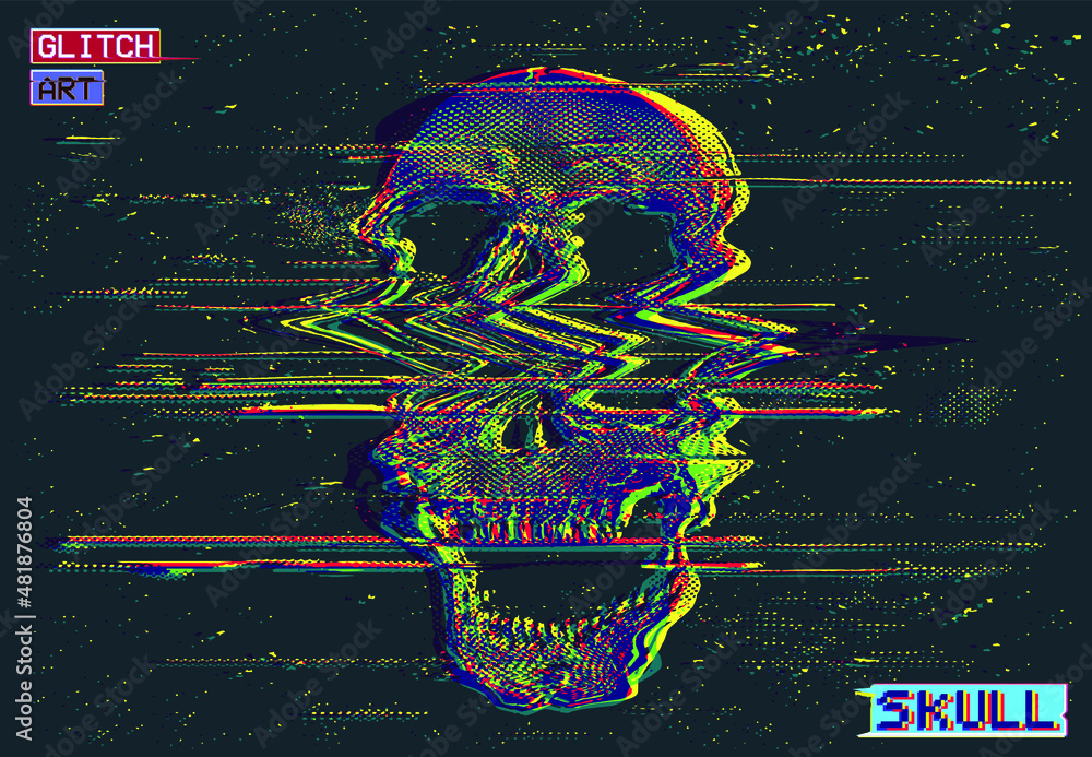 Vector GLITCH ART screaming skull illustration in the style of old TV ...