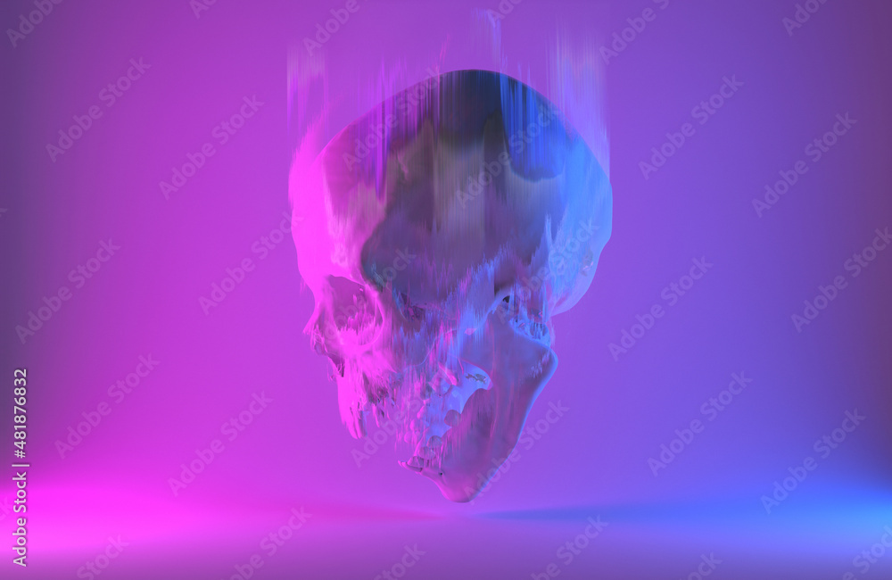 Screaming skull 3D rendering in pink and blue lightning in vaporwave ...