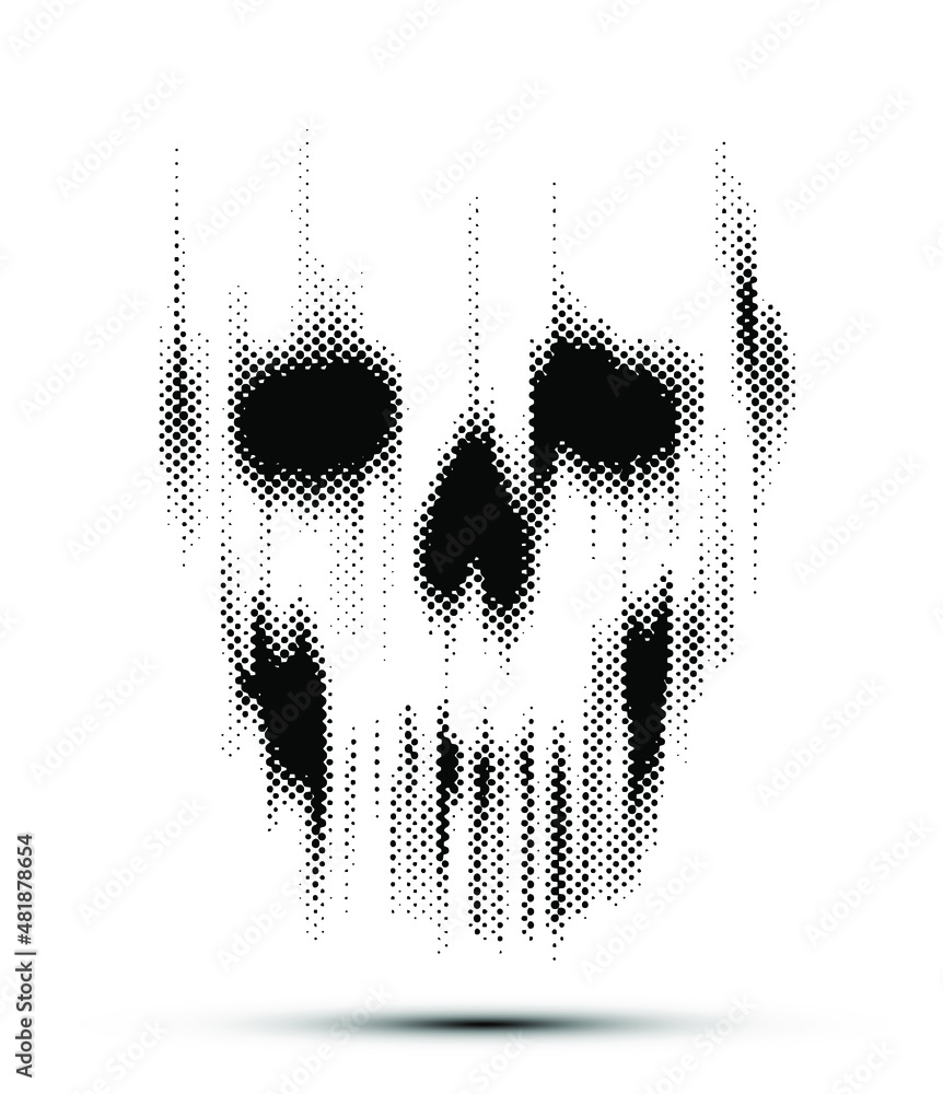 Vector dot halftone vertical motion blur smear scary skull on white ...