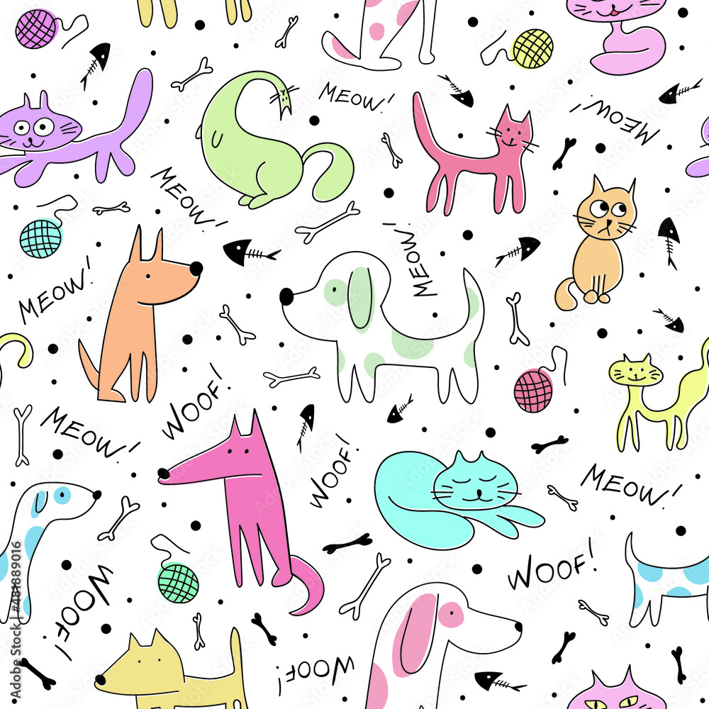 Hand drawn nice dogs and cute cats seamless pattern for textile ...