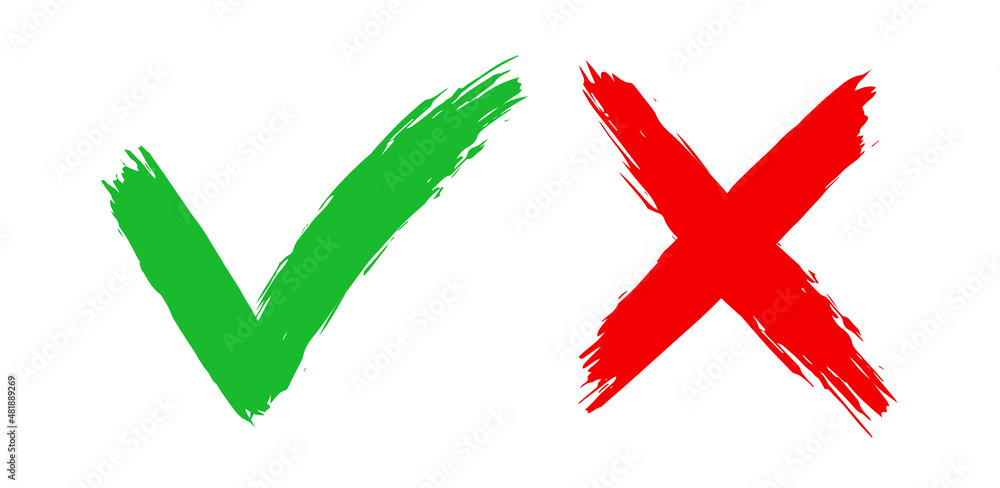 Wrong and right. Icon grunge check mark yes or x. Red and green color ...