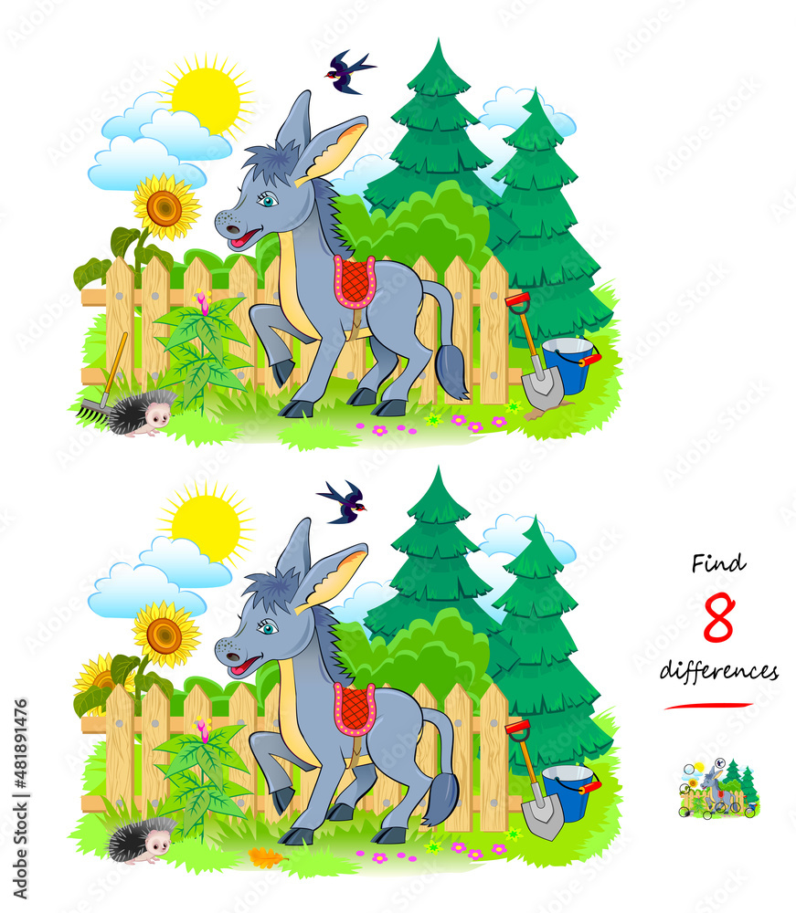 Vetor de Find 8 differences. Illustration of cute donkey. Logic puzzle ...