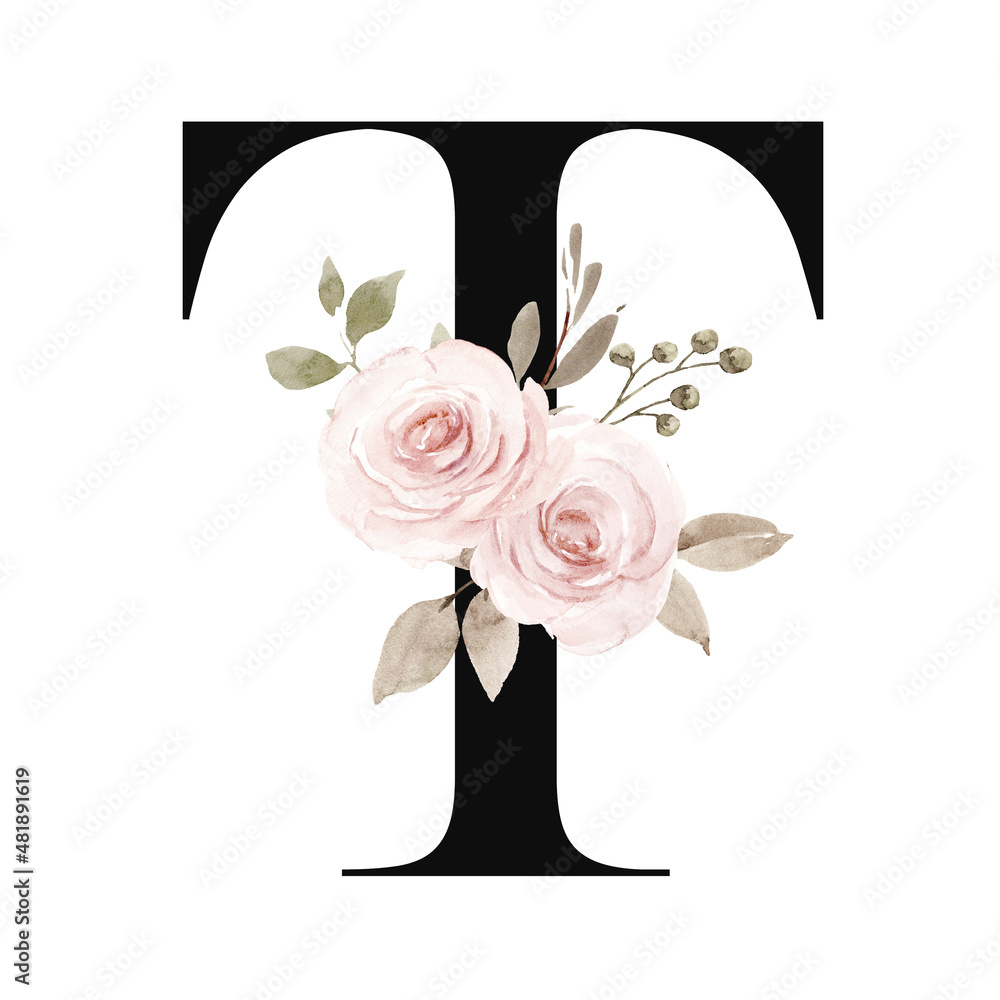 Monogram, letter t with watercolor flowers and leaf. Alphabet perfectly ...