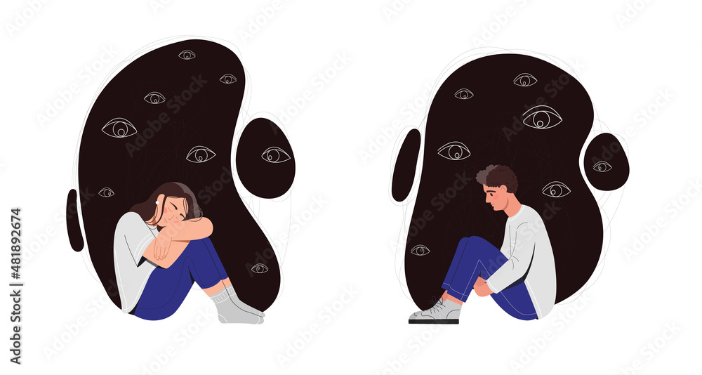 Depression and paranoia concept. Set of sad people with psychological ...