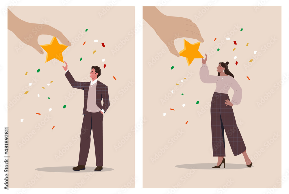 Employee success recognition concept. Set of entrepreneurs receiving ...