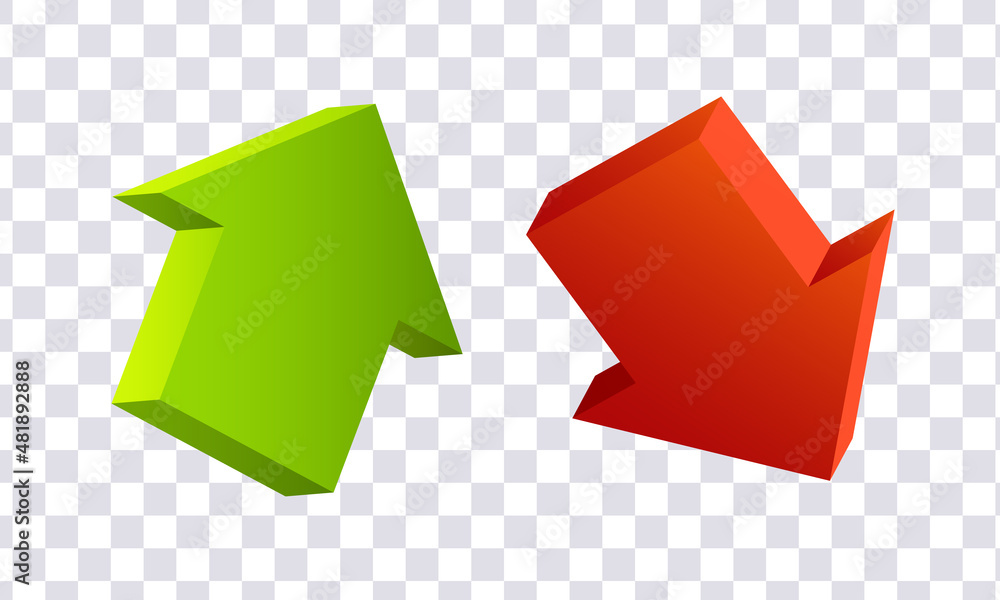 Green up and down arrows. Vector red and green 3d arrow set isolated on ...