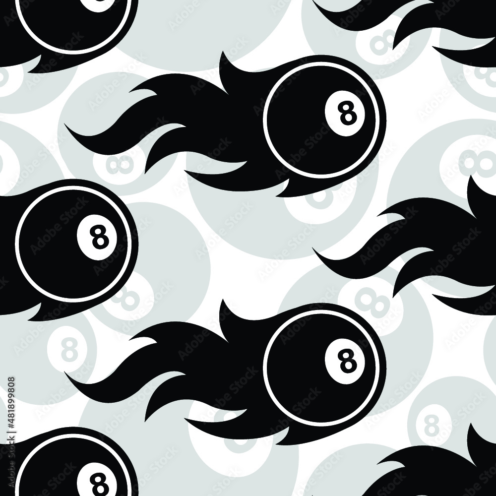 Seamless pattern with billiard pool 8 ball icon and fire flame vector ...