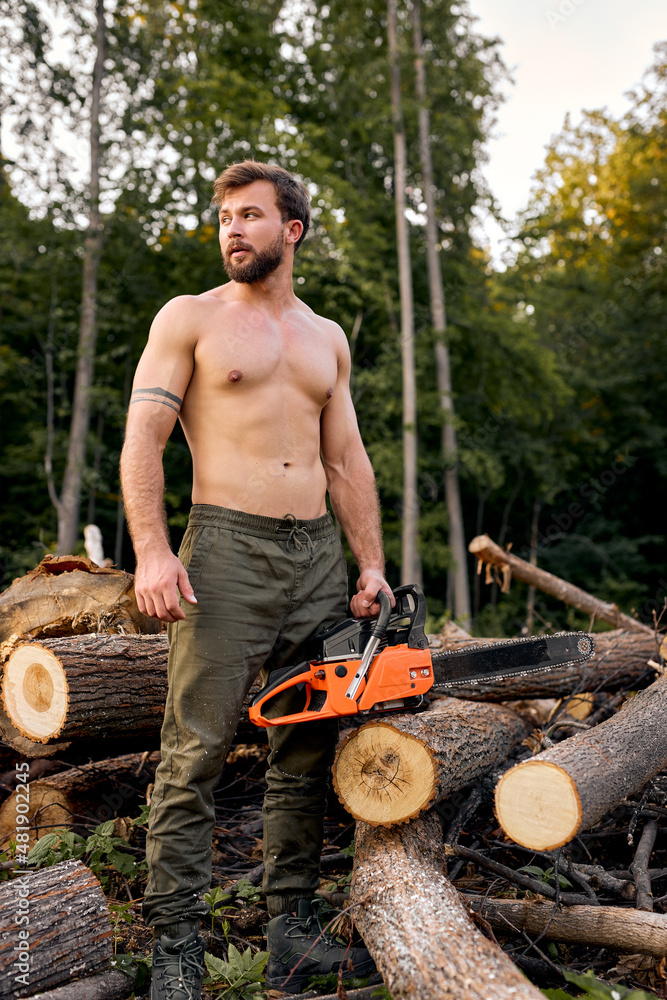 Shirtless Lumberman work with chainsaw in forest. Strong european ...