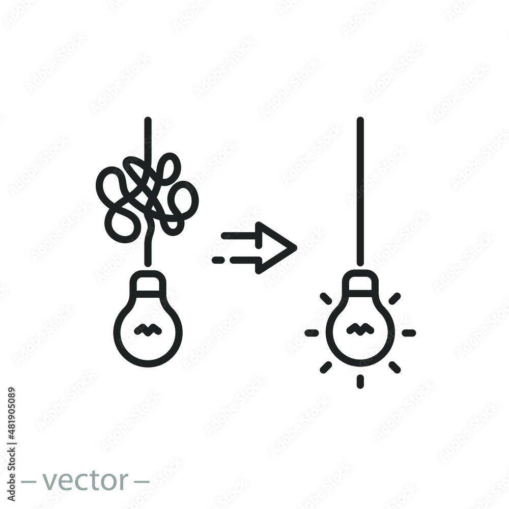 solving a complex problem icon, untangle and turn on lightbulb, process ...