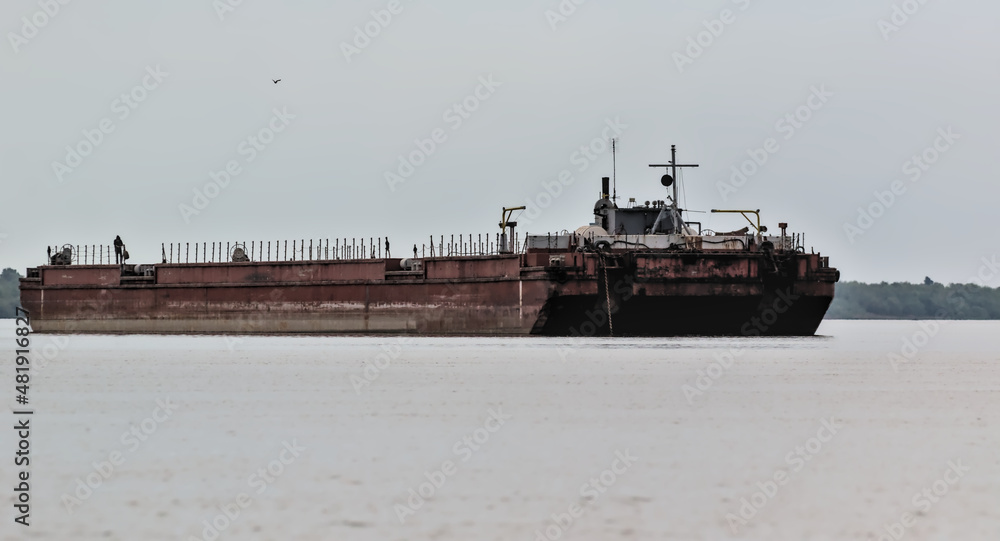 A large cargo ship is anchored in the Danube Delta. Cargo ship, barge ...