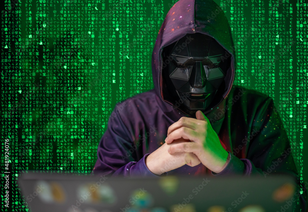 Portrait of unrecognisable male person in black males using modern ...