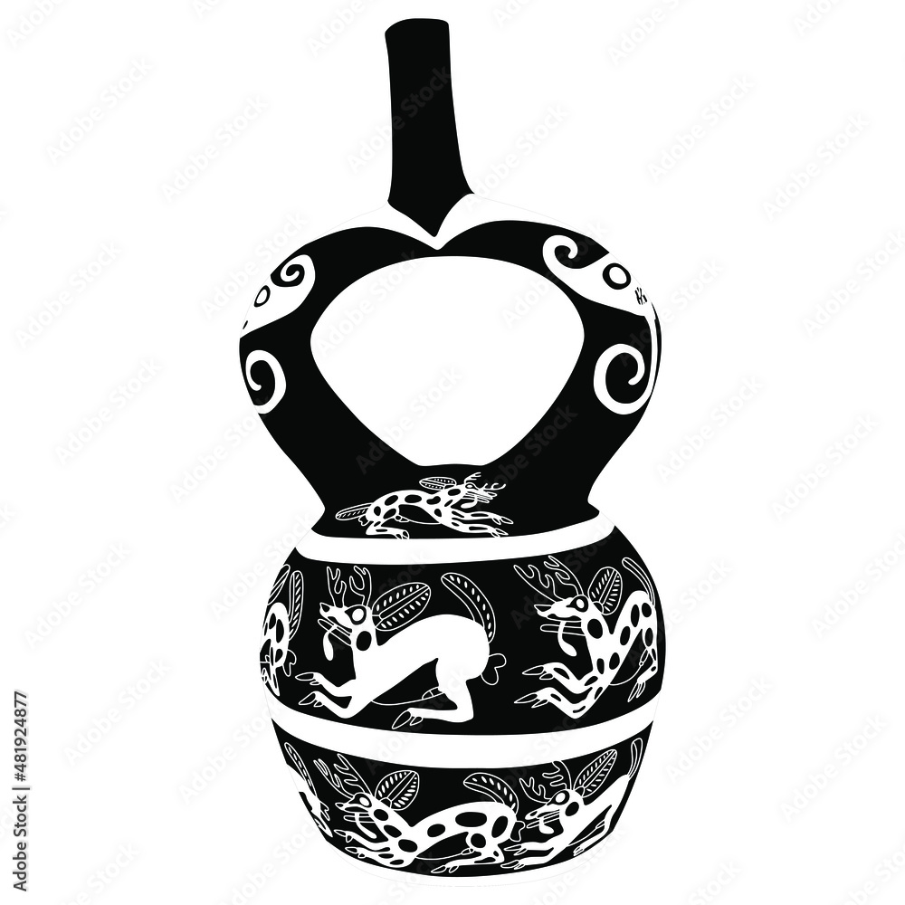 Ethnic ancient Peruvian vessel with animal deer pattern of Mochica or ...