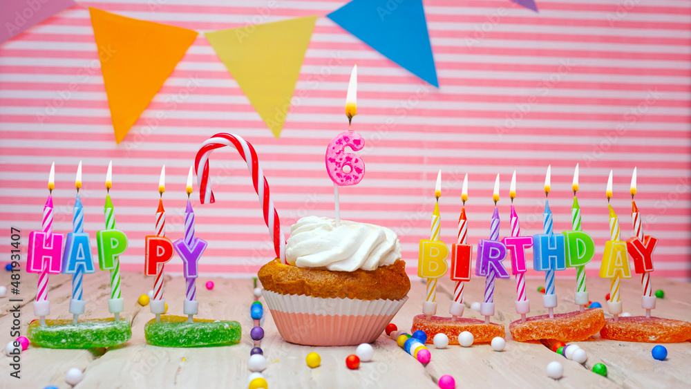 Happy birthday card to a child of six years old on a pink background ...