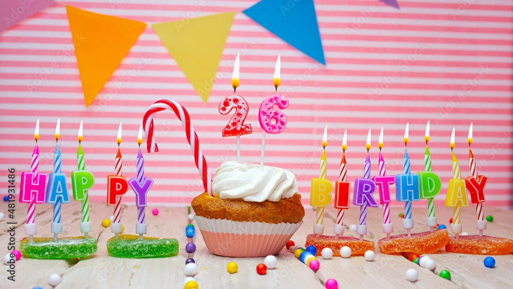 Twenty-six happy birthday card on a pink background, with a number in a ...