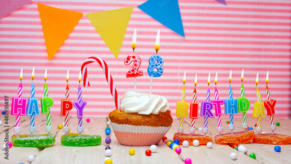 Twenty-eight happy birthday card on a pink background, with a number in ...