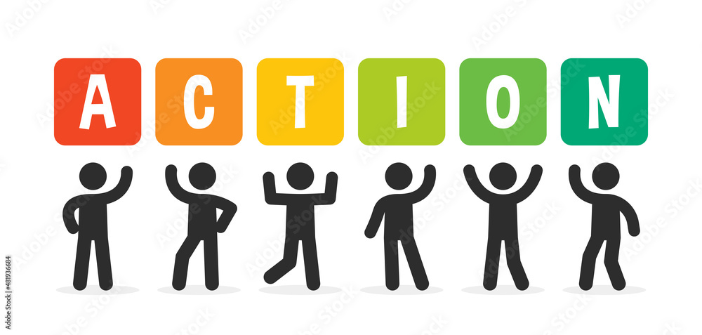 People standing with Action text typography sign. Vector illustration ...